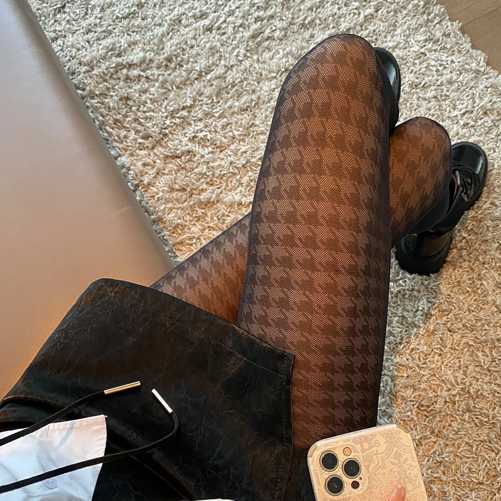 Collant,collant pied-de-poule noir Sexy, sans couture, transparent, bas ...