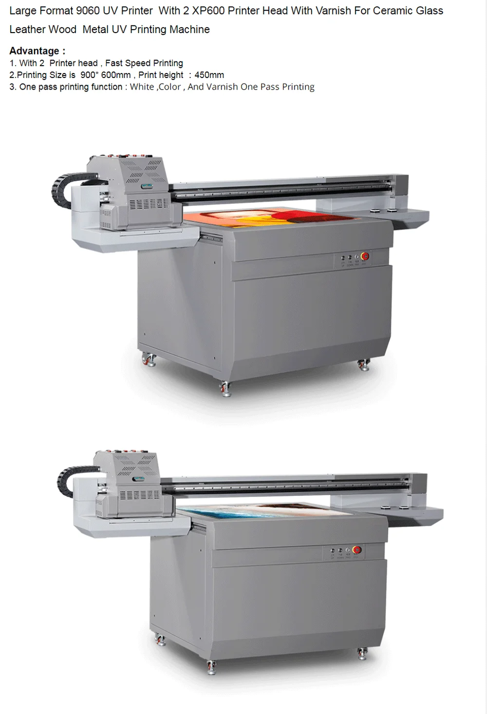 대형 9060 UV 프린터, 2 XP600 프린터 헤드, 세라믹 유리 가죽 목재 금속 UV 인쇄 기계 용 바니시 포함