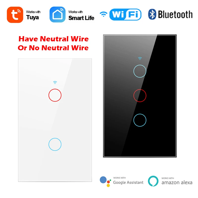 Tuya Wifi+bluetooth Smart Light Switch 1,2,3 Gang No Neutral Wire Touch ...