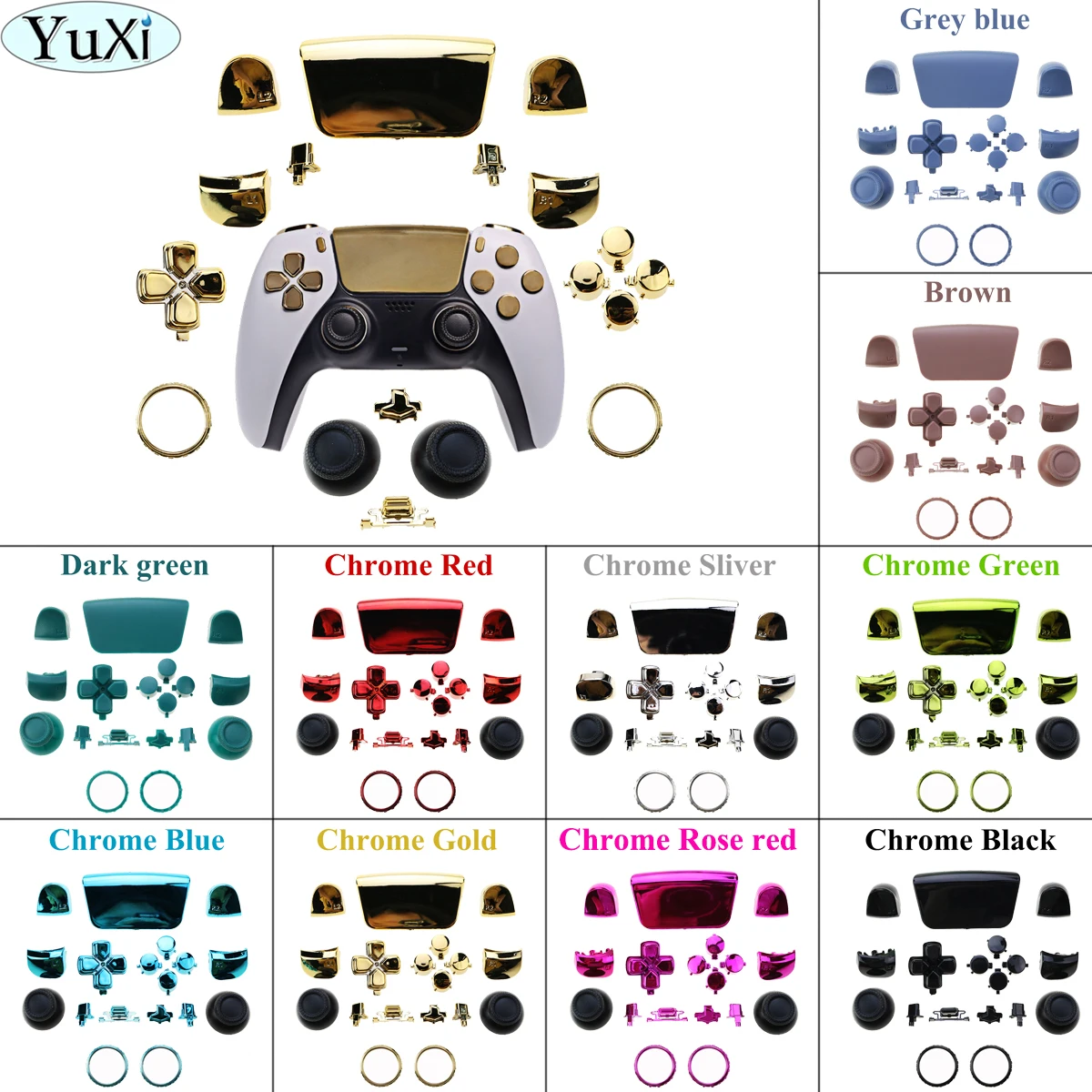 YuXi-Chrome-Buttons-For-PS5-Handle-Thumb-Sticks-Joystick-Ring-L1-R1-L2 ...
