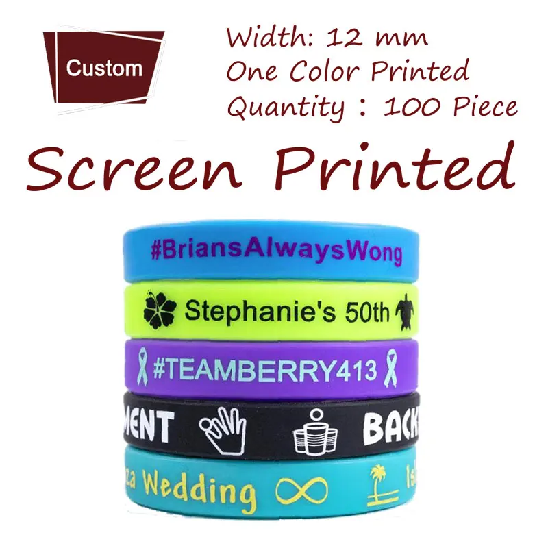 100pcs-12mm-width-Silk-Print-One-Color-Printed-Silicone-Bracelets ...