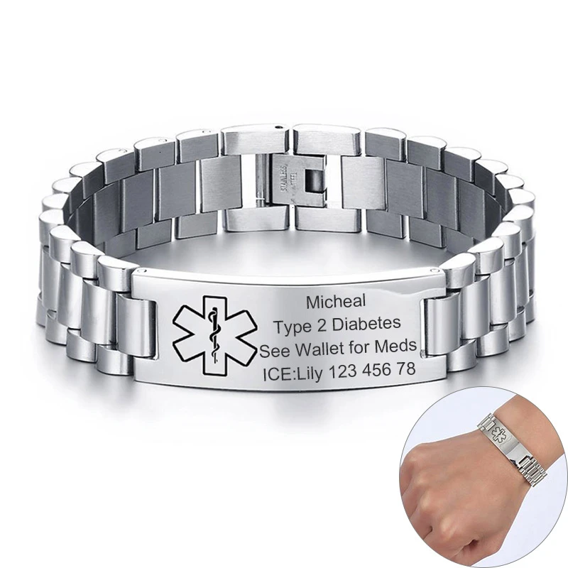 Mens Chunky Medical Alert Id Bracelets Anti Allergy Stainless Steel ...