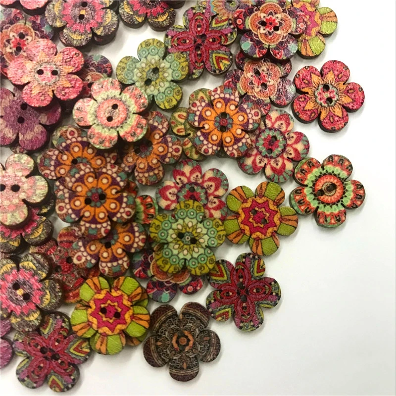 50pcs Flower Natural Buttons Vintage Retro Round Wood Buttons For Craft ...