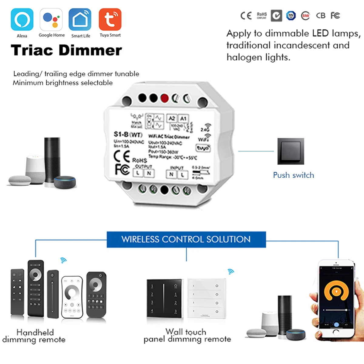 Ac 110v-220v Tuya Wifi S1-b (wt) Triac Led Wireless Rf Dimmer Push Switch 2.4g Wireless Dimming ...