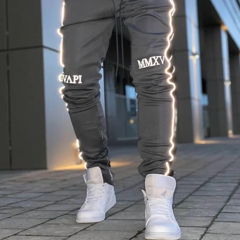 3 Colors Men Fashion Reflective Strips Long Pants Letter Printed ...