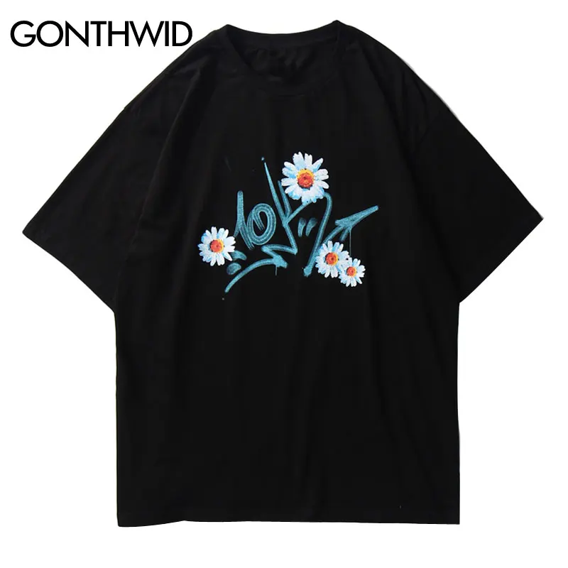 GONTHWID Harajuku Daisy Flowers Print Hip Hop Streetwear Tshirts Men ...