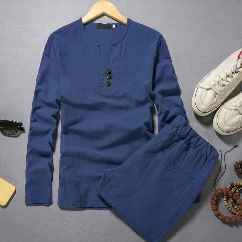 Conjuntos de roupa masculina de linho com decote em v, conjunto de ...