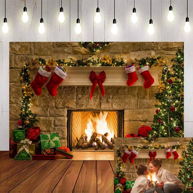 Christmas Tree Backdrop Fireplace Photo Background White Brick Wall ...