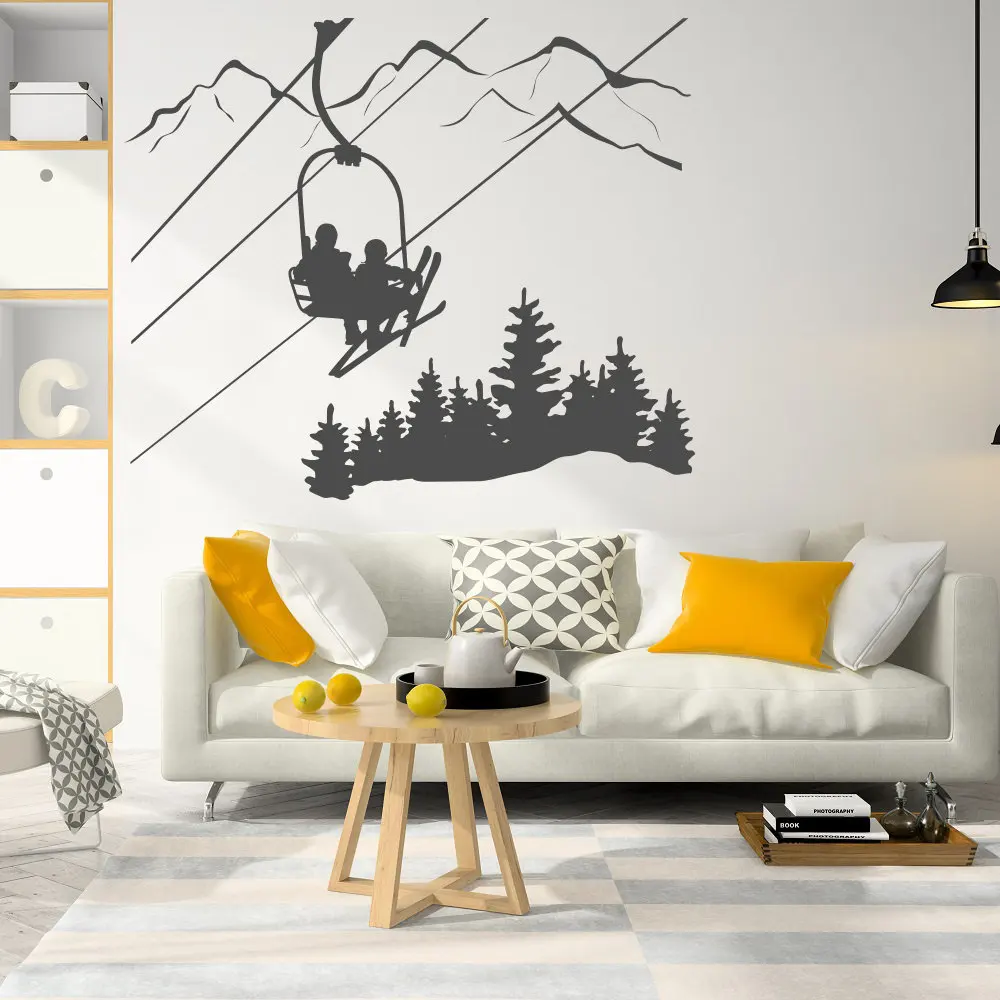 Skiing Wall Decal Skier Ski Lift Chair Mountain Pine Tree Wall Sticker ...