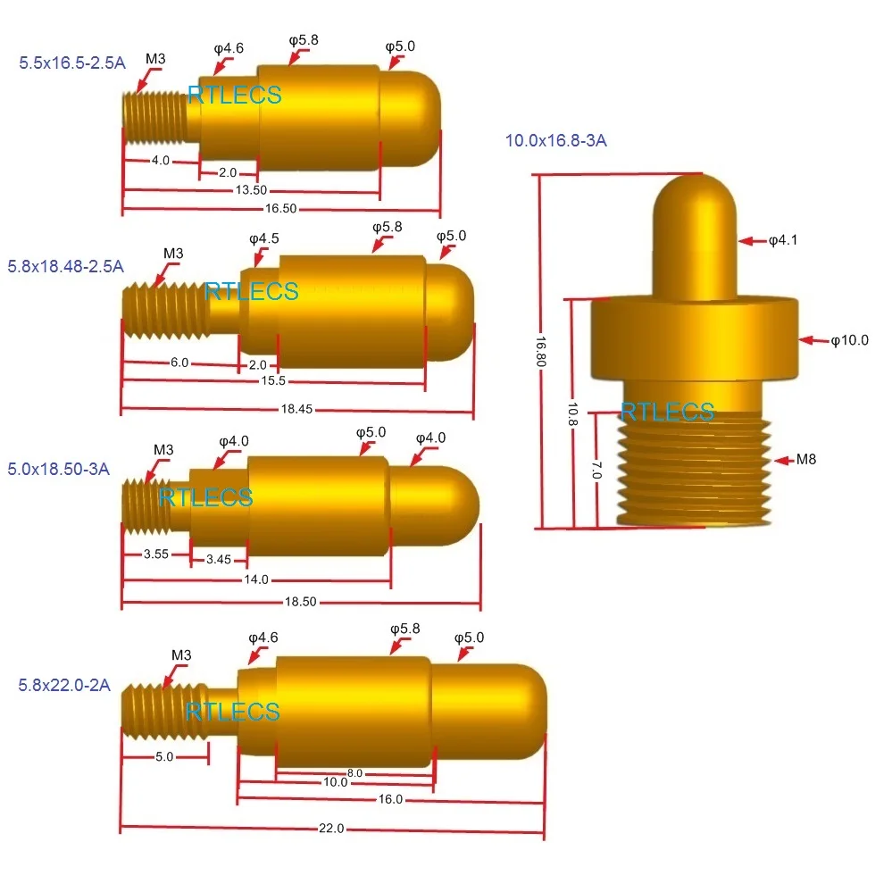 2pcs High Current Threaded Pogo Pin Spring Loaded Positioning Connector ...