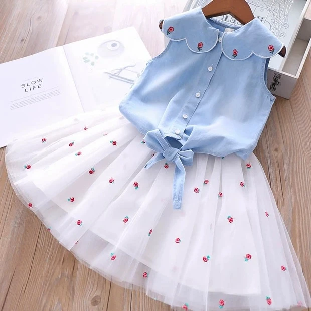 2021 Summer Girls' Clothing Sets Denim Flower Embroidered Lapel Top+net ...