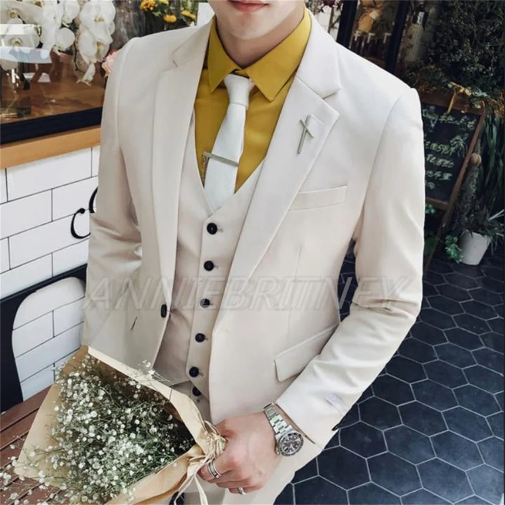 2021 Tailor Made Fashion Cream Color Men Suits Slim Fit Groom Tuxedo ...