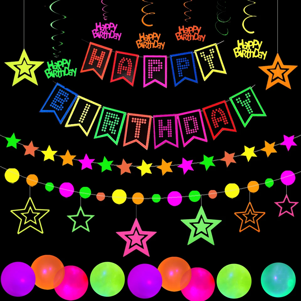 Neon Happy Birthday Banner Glow Balloons Uv Blacklight Reactive Diy ...