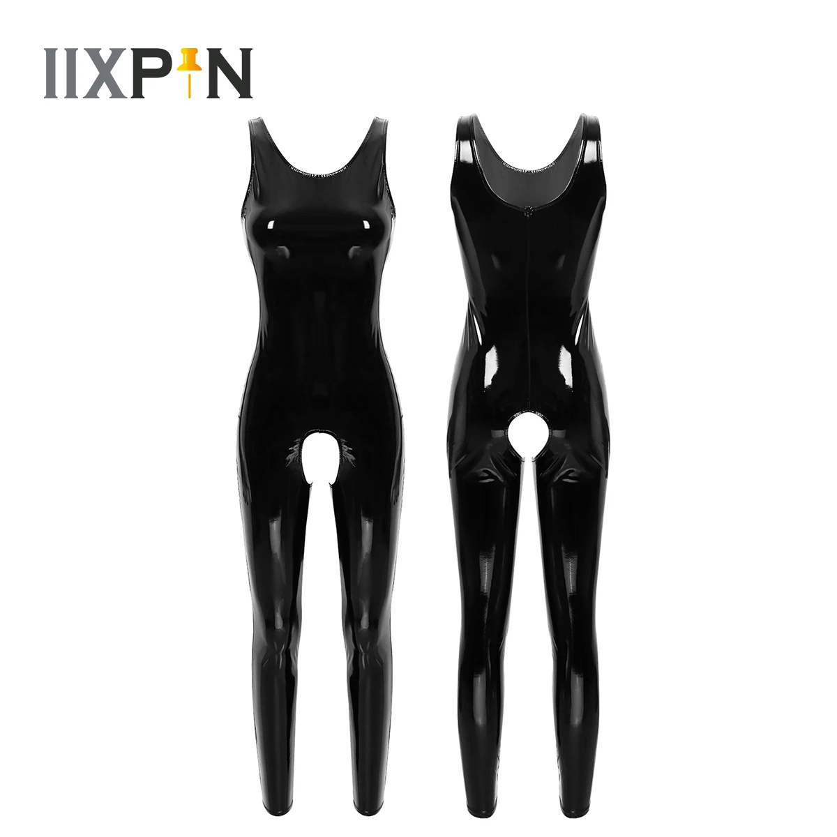 Senhora sexy preto pvc oco para fora do falso couro látex zentai ...