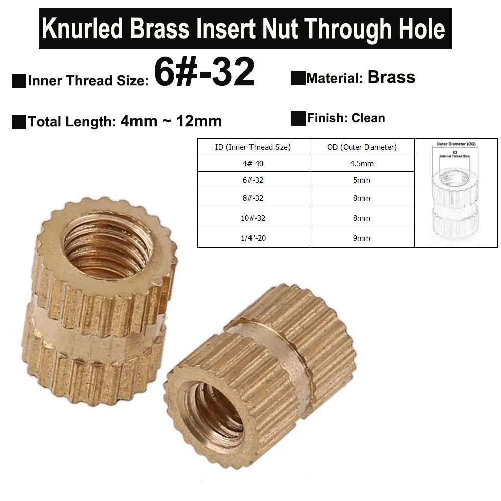 10Pcs-6-32-Brass-Hot-Melt-Insert-Nut-Injection-Molding-Brass-Knurled ...