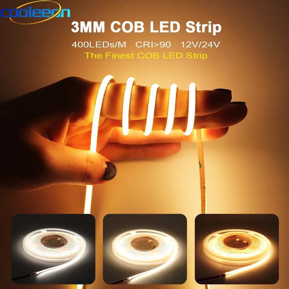 400 LEDs/M 3mm Width FOB COB Strip Flexible LED Ribbon Light 12V 24V RA ...