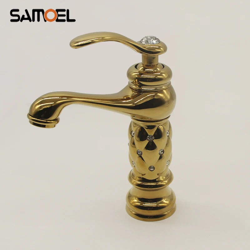 Brass Golden Diamond Water Tap Bathroom Faucet Single Hole Gold Basin ...