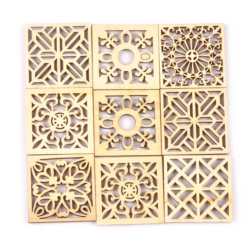 10pcs Hollow Mixed Flower Pattern Square Wood Diy Crafts Scrapbooking ...