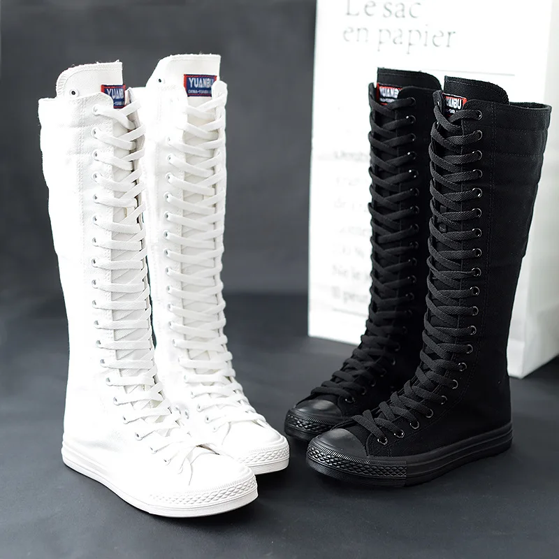 Spring-Autumn-Women-Shoes-Canvas-Casual-High-Top-Shoes-Long-Boots-Lace ...