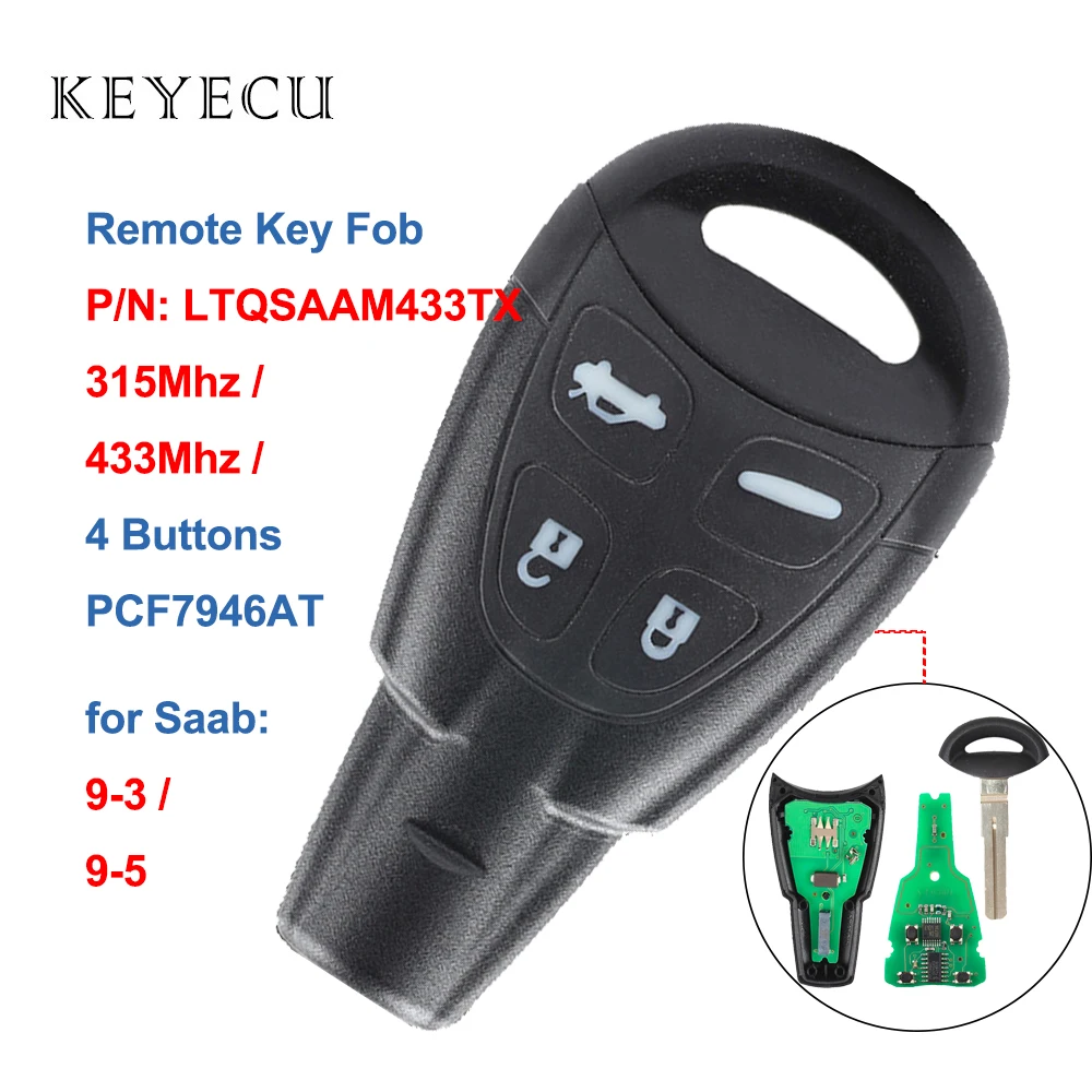 Keyecu Remote Car Key Fob 315 / 433MHz PCF7946AT for SAAB 9 3 9 5 2003 ...
