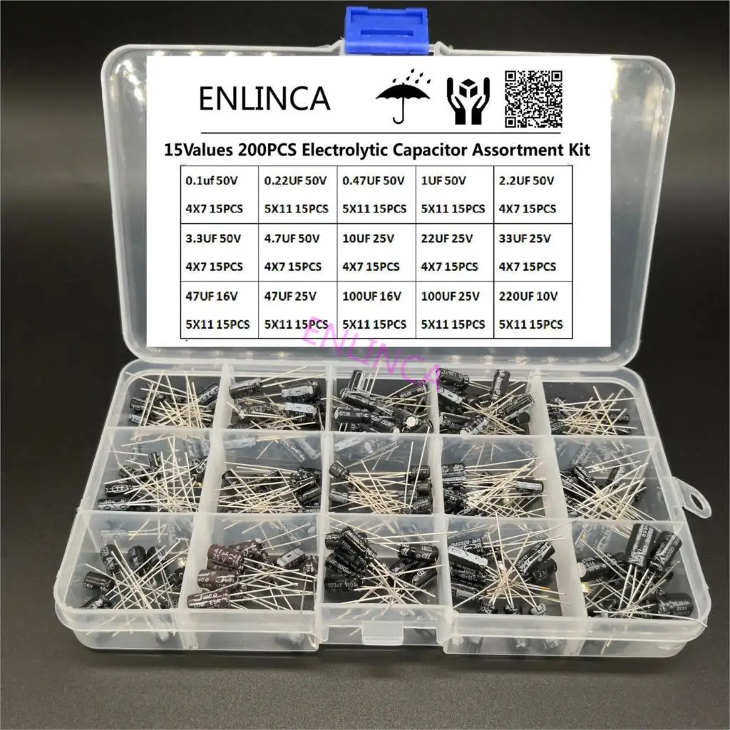 200pcs/lot Radial Capacitors Set 15values 10v 16v 25v 50v 0.1uf-220uf ...