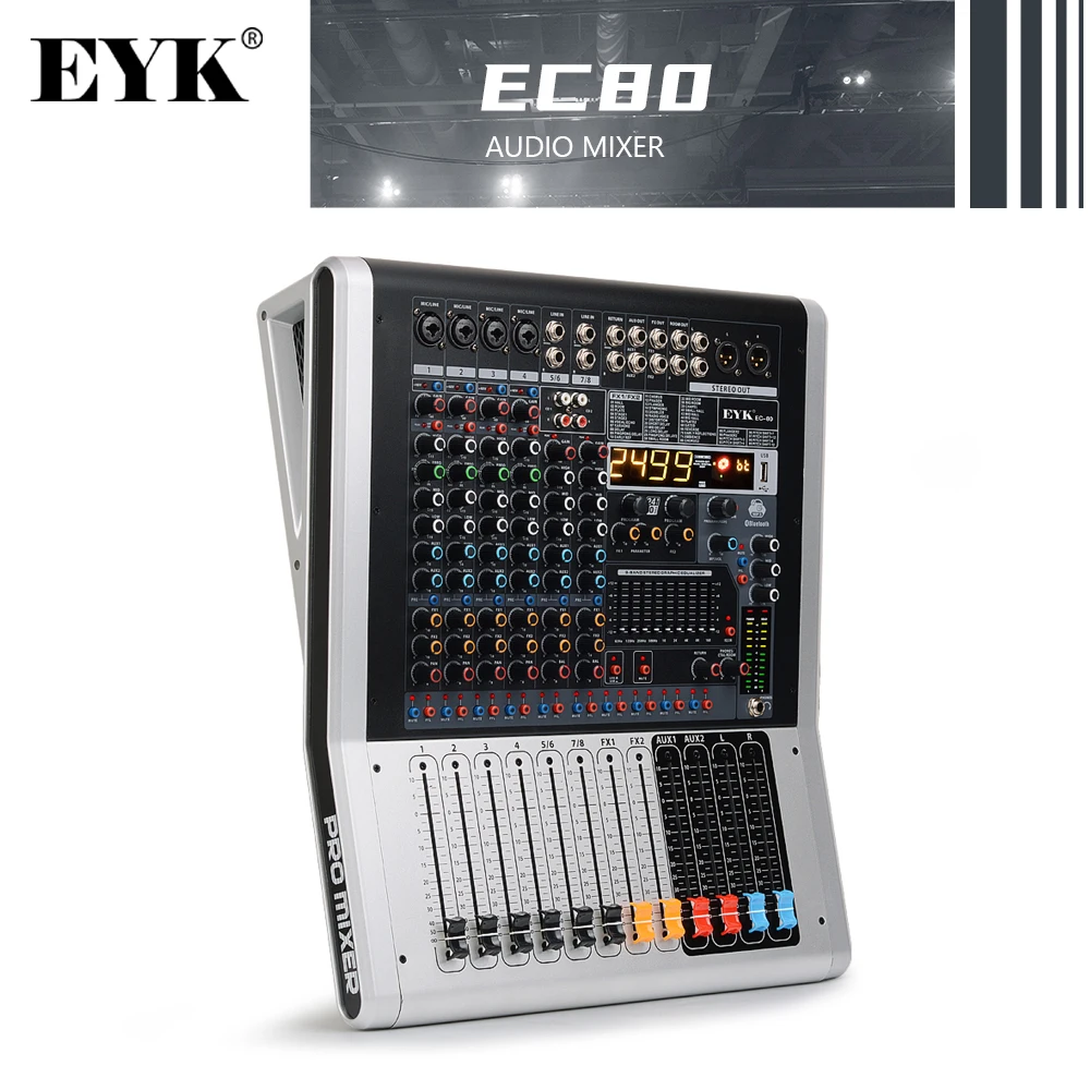 EYK EC80 9 밴드 EQ 99DSP 듀얼 이펙트가 포함된 8 채널 오디오 믹서, USB 블루투스 2 AUX 2 녹음 RCA ...