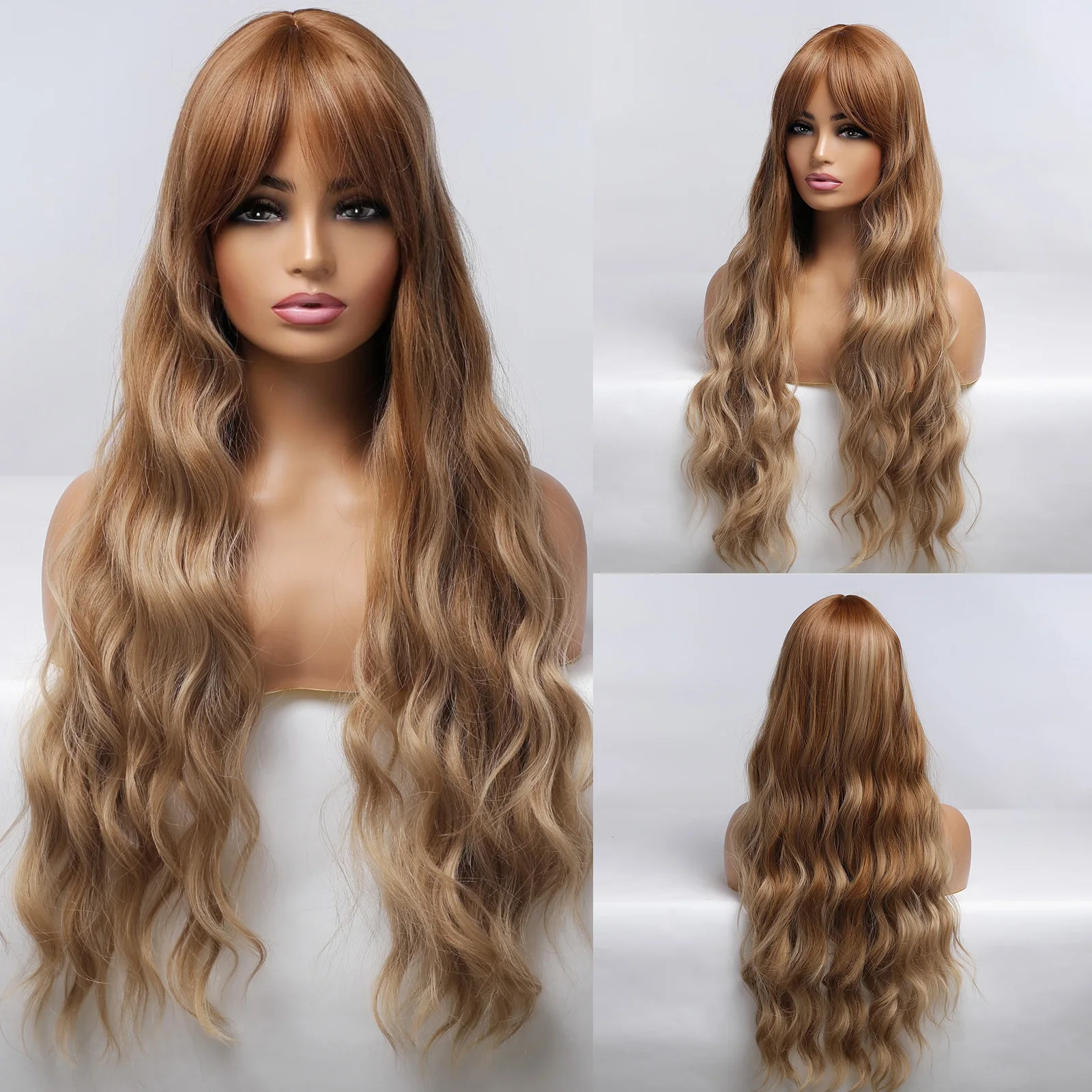 Perruques synthétiques longues et ondulées à frange pour femmes ...