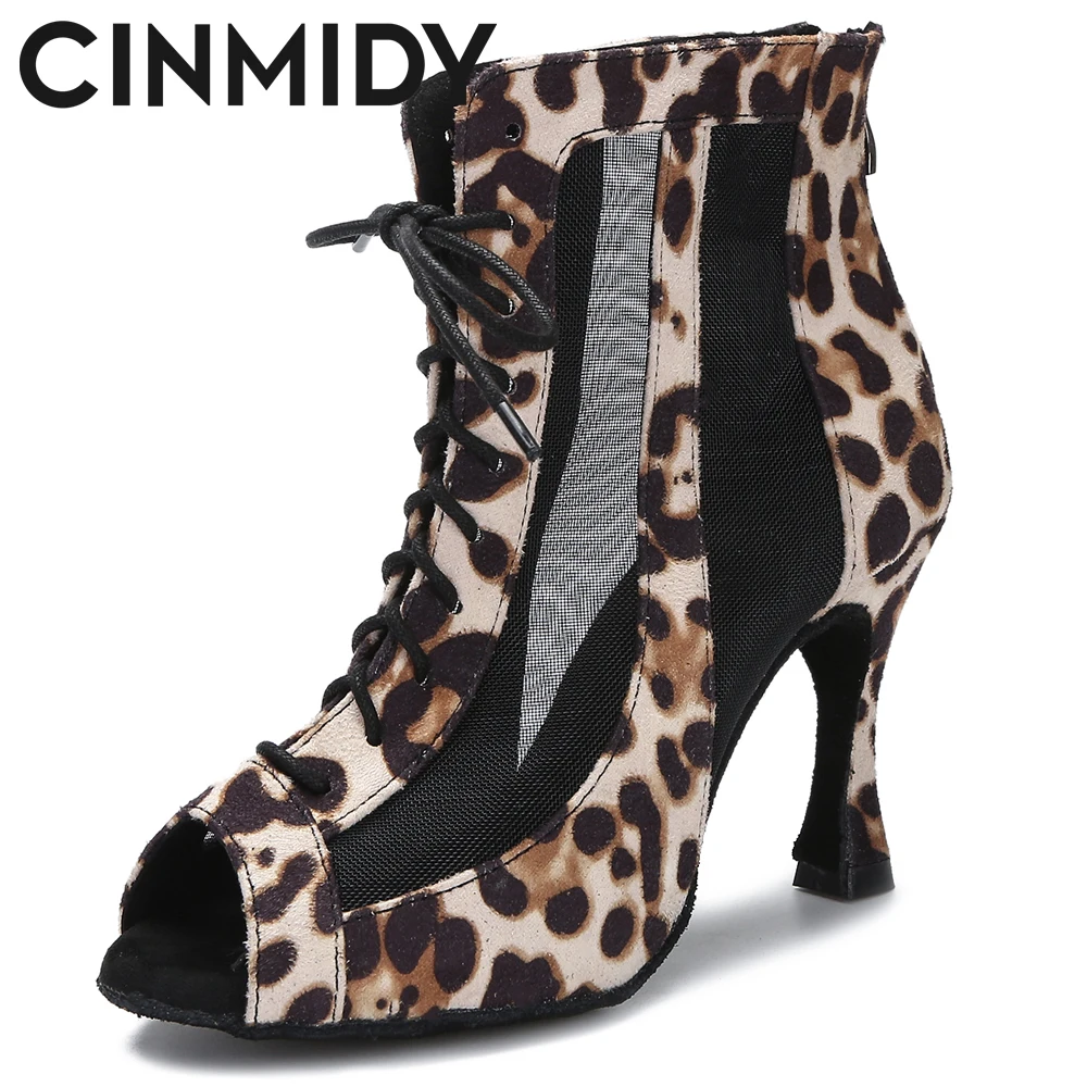 Leopard Latin Dance Shoes For Women Ballroom Mesh Dance Boots Waltz ...