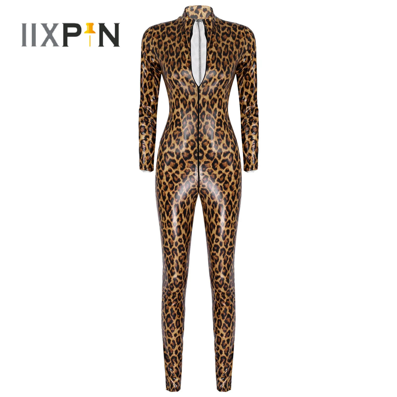 Womens Hot Leopard Print Bodysuit Patent Leather Rave Bar Catsuit ...
