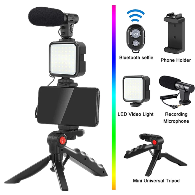 Phone Holder Photography Lighting Smartphone Video Kit Microphone LED ...