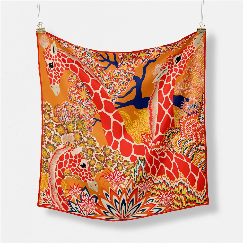 Twill Silk Scarf Woman Giraffe Painting Square Scarves Wraps Bandana ...