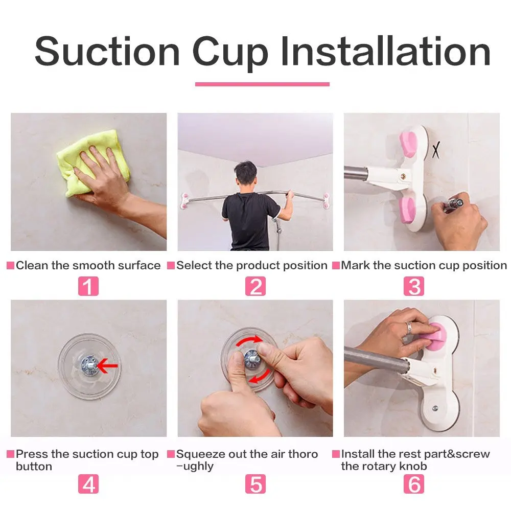 Curved Corner Shower Curtain Rod Suction Cups Bathroom Arched Bath Rail ...