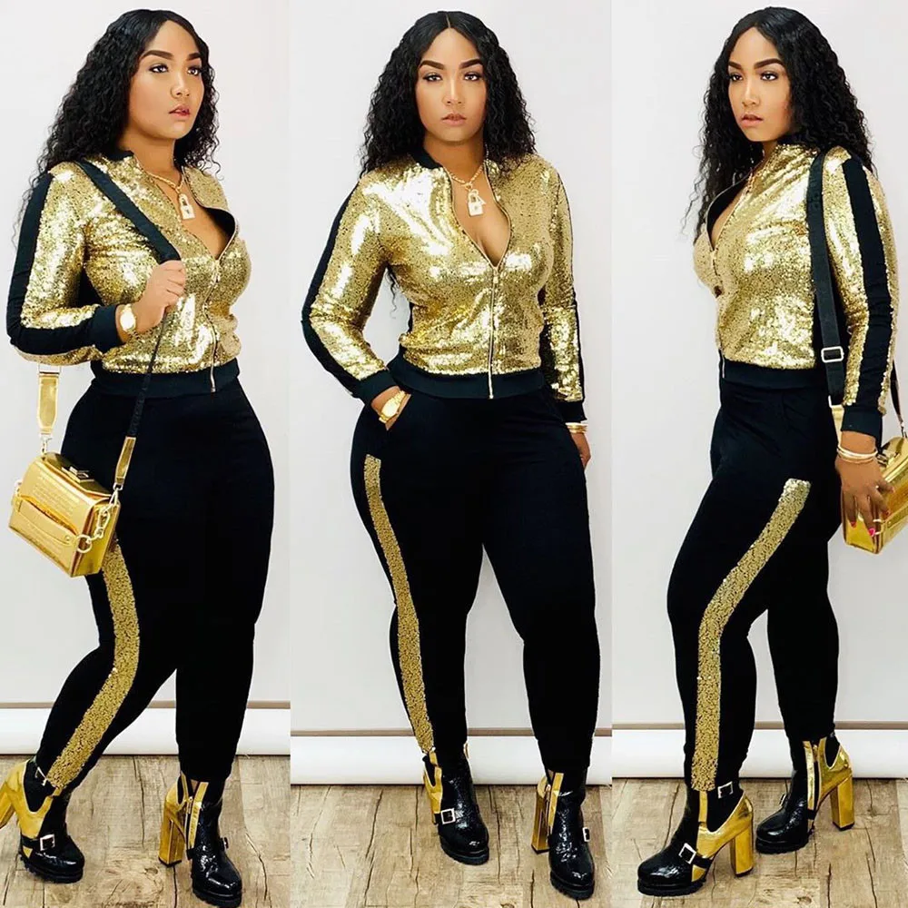 Autumn Winter Sequin 2 Piece Set Women Tracksuit Long Sleeve Jacket Top ...