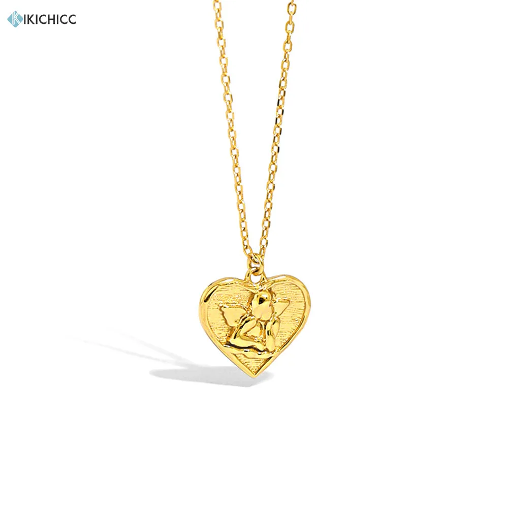 Kikichicc-925-Sterling-Silver-Gold-Cupid-Heart-Pendant-Necklace-Long ...