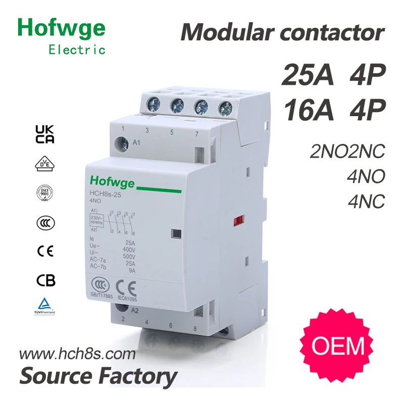 HCH8s-25 Modular Contactor 4P 16A 20A 25A 4NO 4NC or 2NO2NC 24V 110V ...
