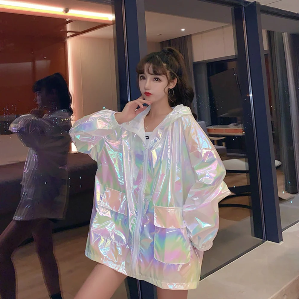 Jaqueta com capuz holográfica feminina, cor laser, manga longa, grande, high street, casaco fino ...