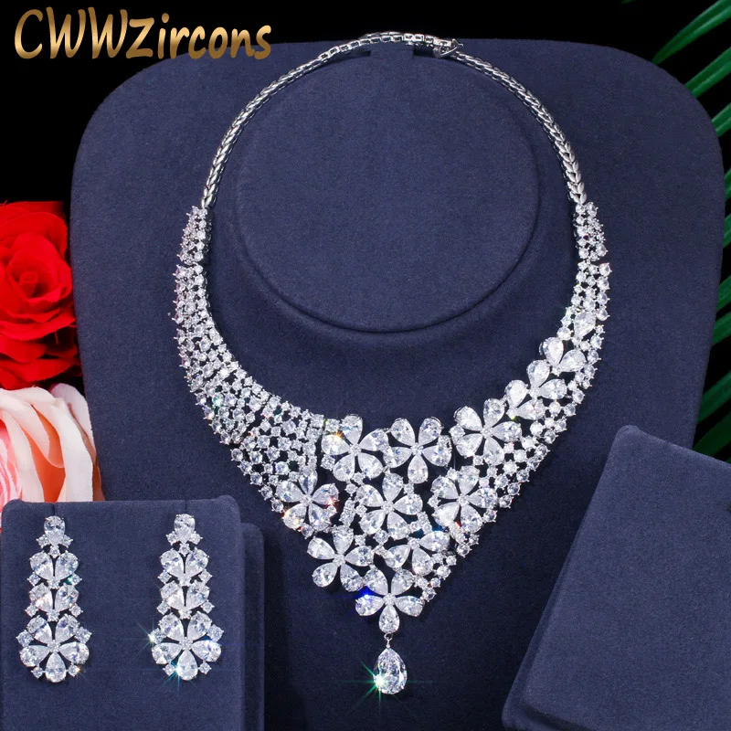 CWWZircons Блестящий большой широкий цветок капля Африканский Дубай CZ Ожерелье Серьги Свадебное ...