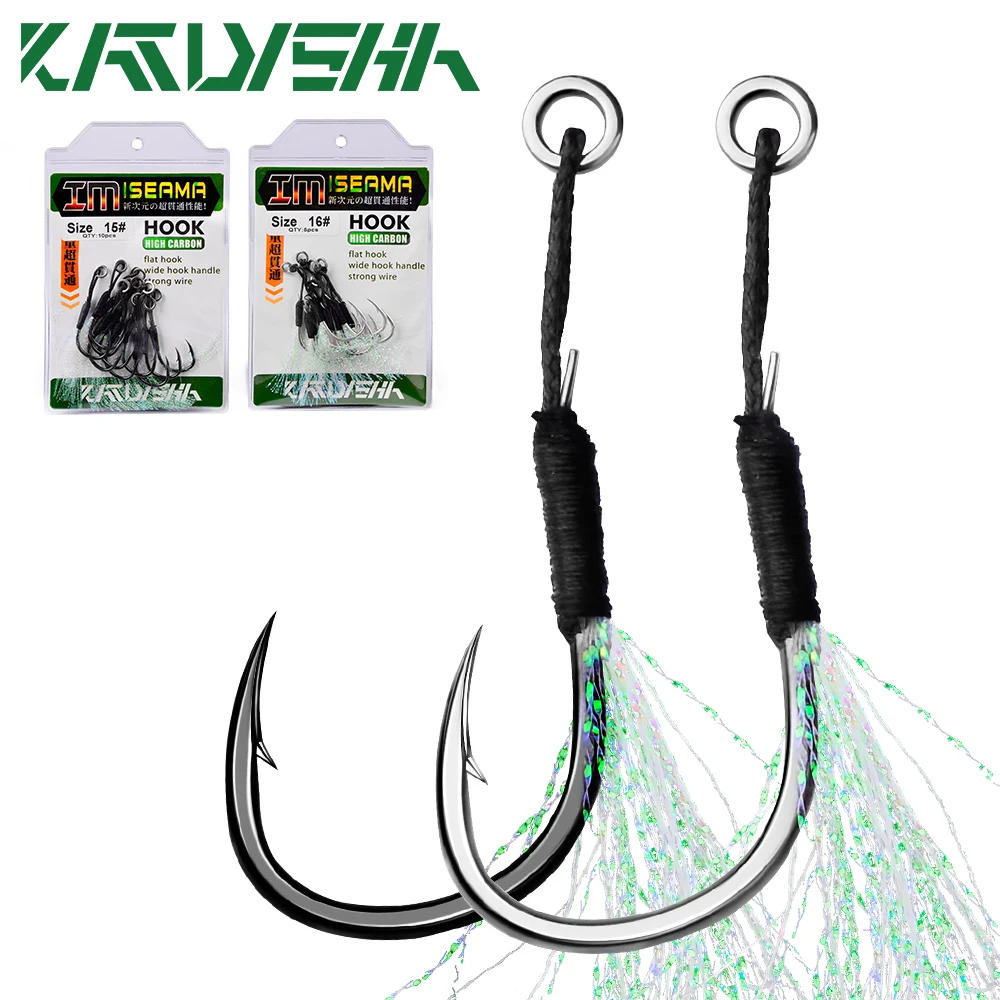 10-Piece Metal Jig Tail Assist Hooks with Feathers - Easy Fishing Tackle