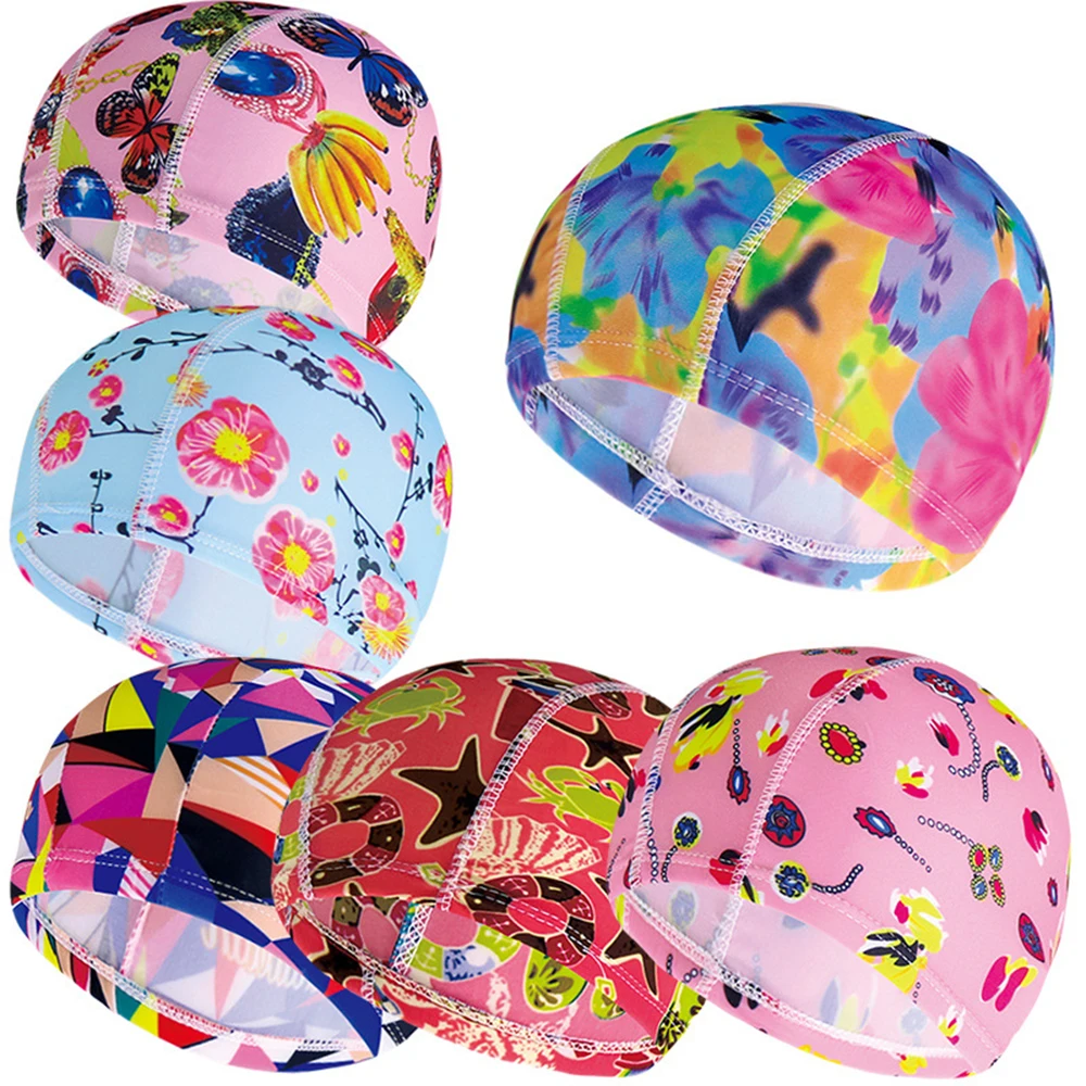 Multi Colors Patterns Men Women Fabric Swimming Cap Unisex Adults Swim ...
