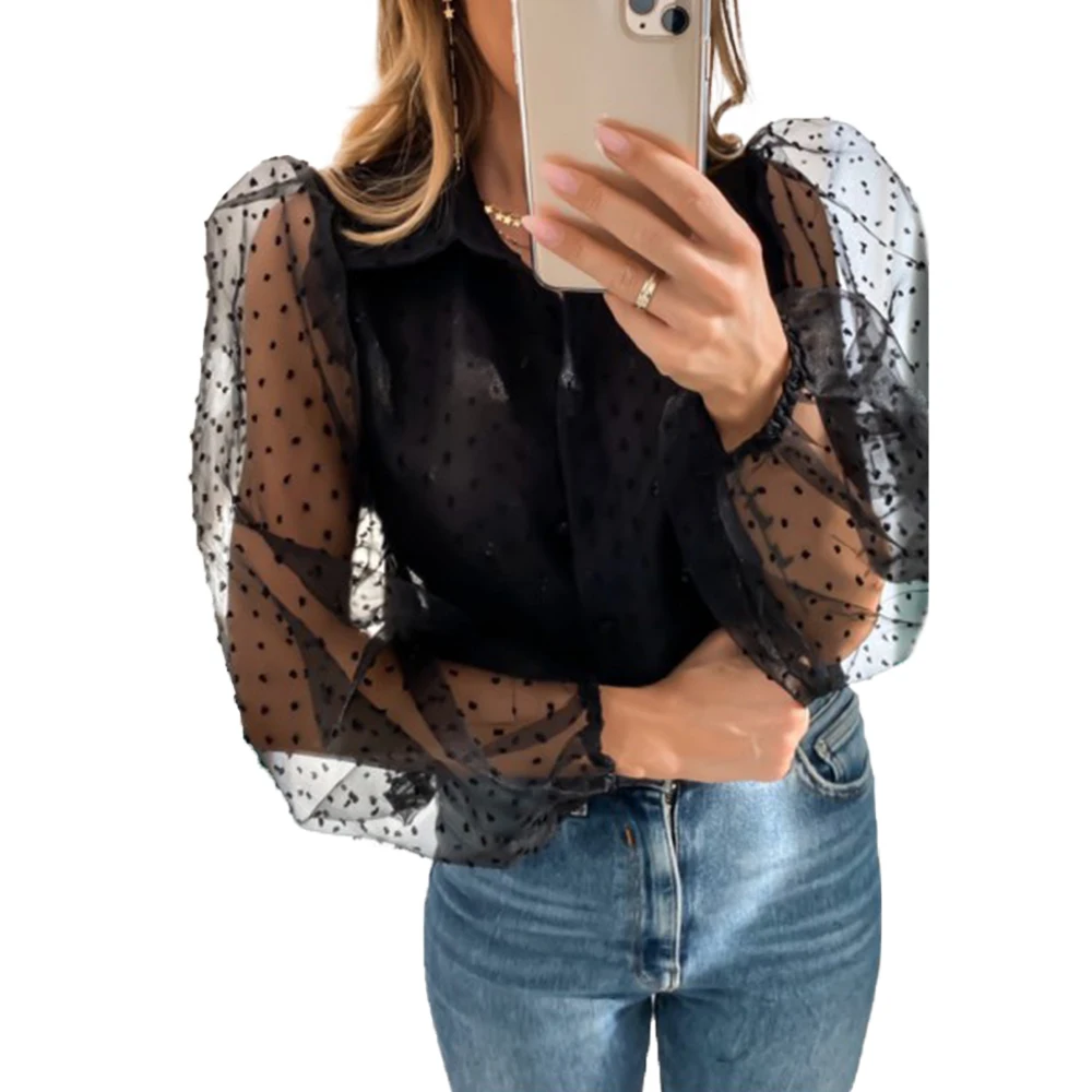 Women Fashion Lace Mesh Sheer See through Long Sleeve Tops Shirts Lace ...