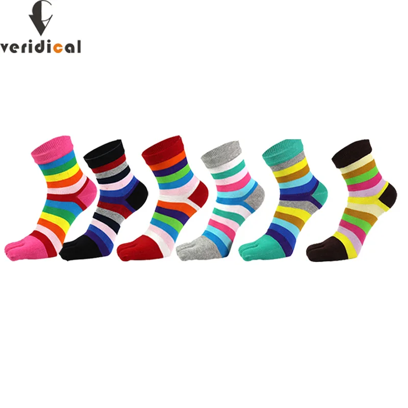 5 Pairs Women Toe Socks Colorful Striped Rainbow Crew Striped Cotton ...