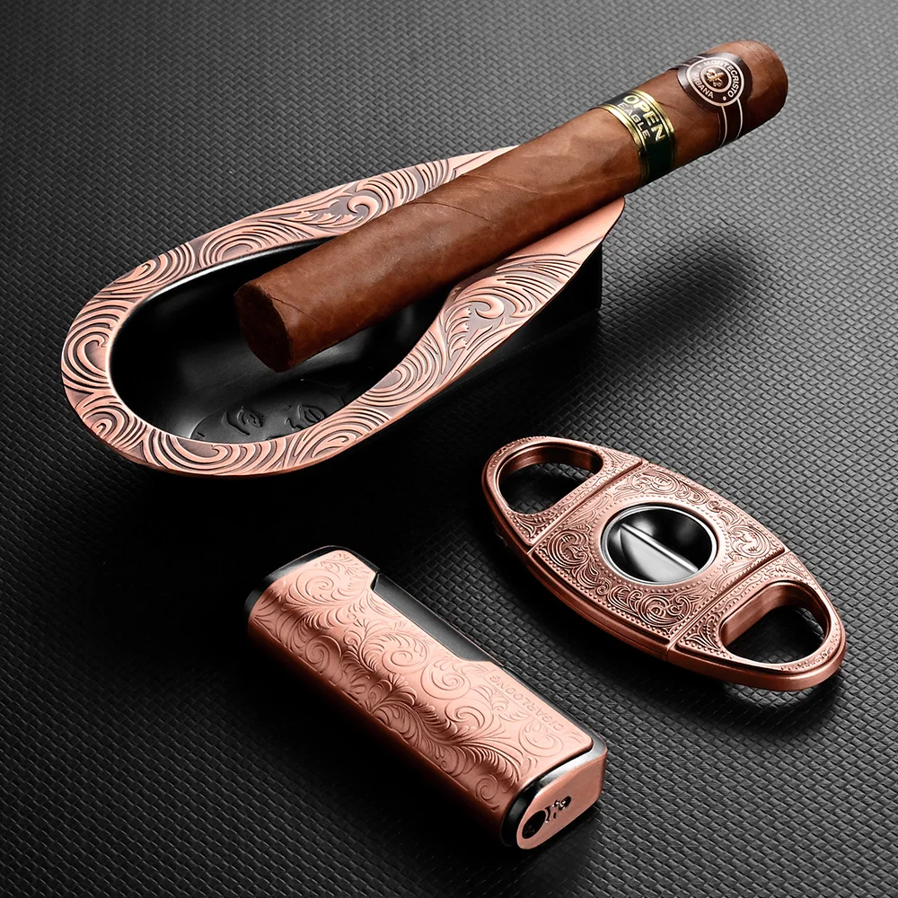 Torch Lighters Ashtray V Cut Cigar Cutter Luxury Carving Cigar Smoking ...