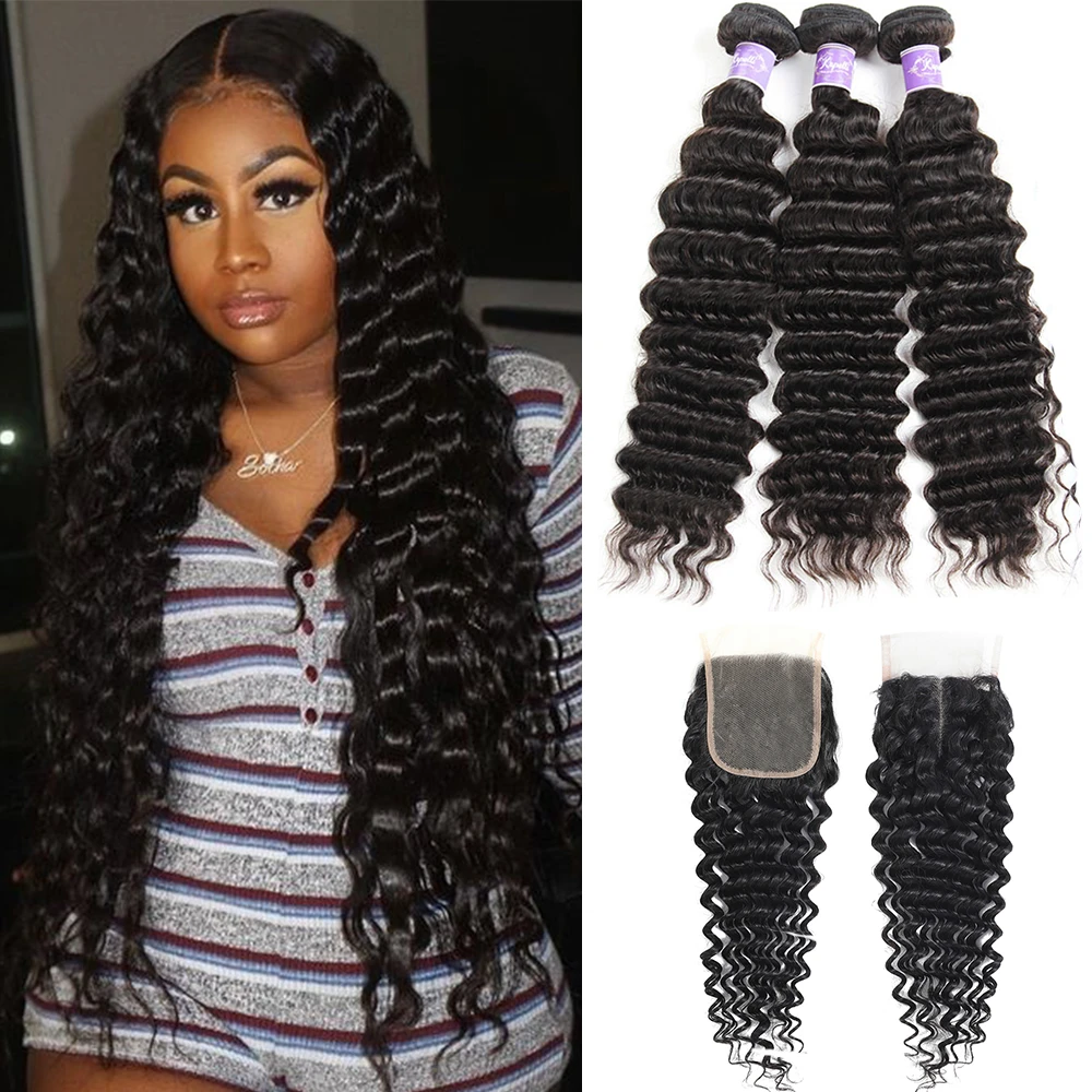 Deep Wave Bundles With Closure 3/4 Bundles Human Hair Bundles With ...