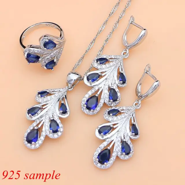 925 Sterling SilverJewelry Set Blue Sapphire White Crystal Costume for ...