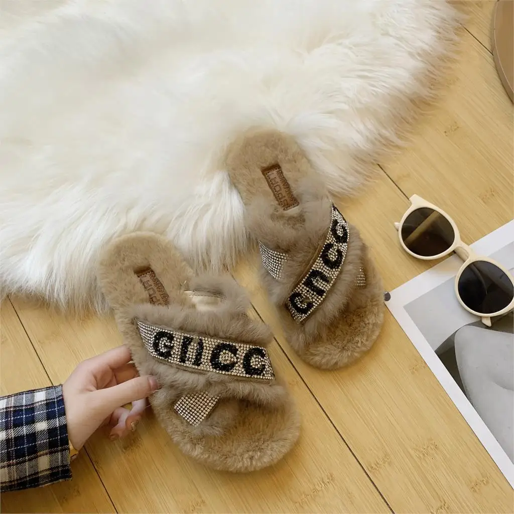 Fashion Faux Fur women slippers Rhinestone chanclas mujer Peep Toe ...