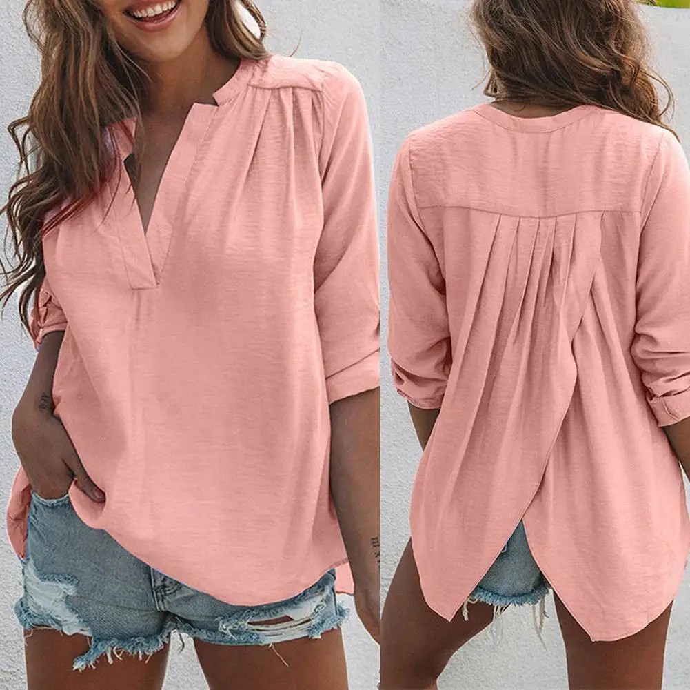 Shirt Slit Back | Pleated Back Blouse Long | Blouses Back Long Sleeve ...