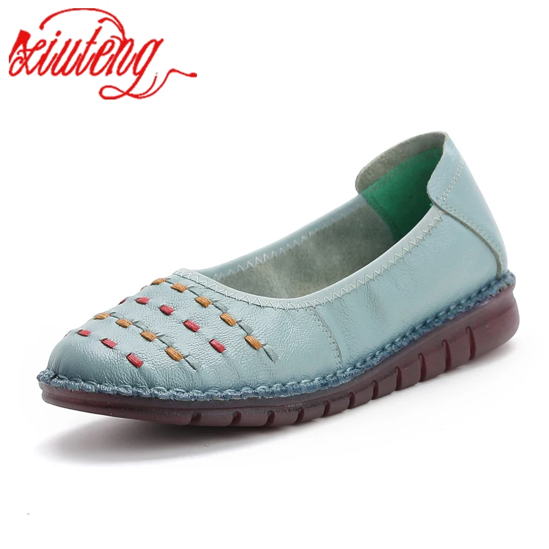 Xiuteng zapatos de cuero de vaca con costura para mujer, calzado de suela suave, informal, sin ...