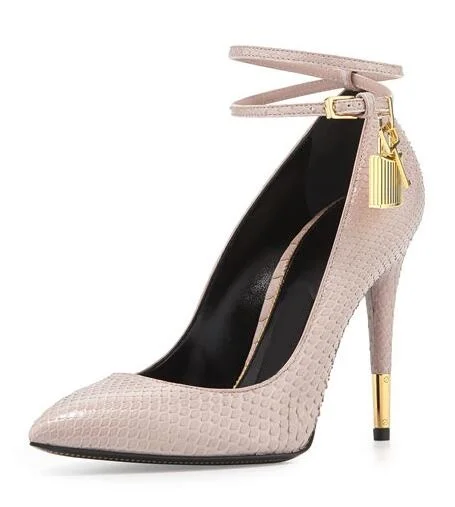 Python Lock High Heel Pointed Toe Pump Ankle Strap Metal Heels Padlock ...