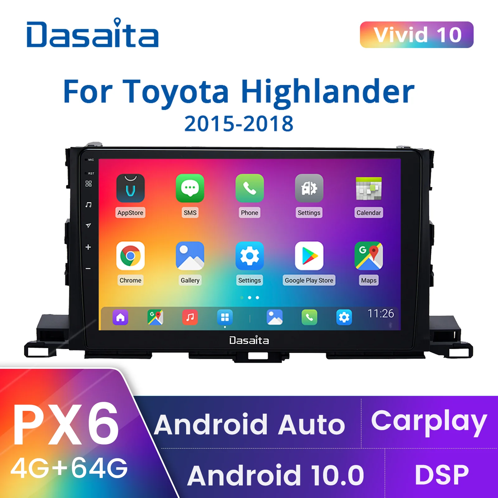 Dasaita 10.2" 1 Din Car Radio For Toyota Highlander 2015 2016 2017 2018 ...