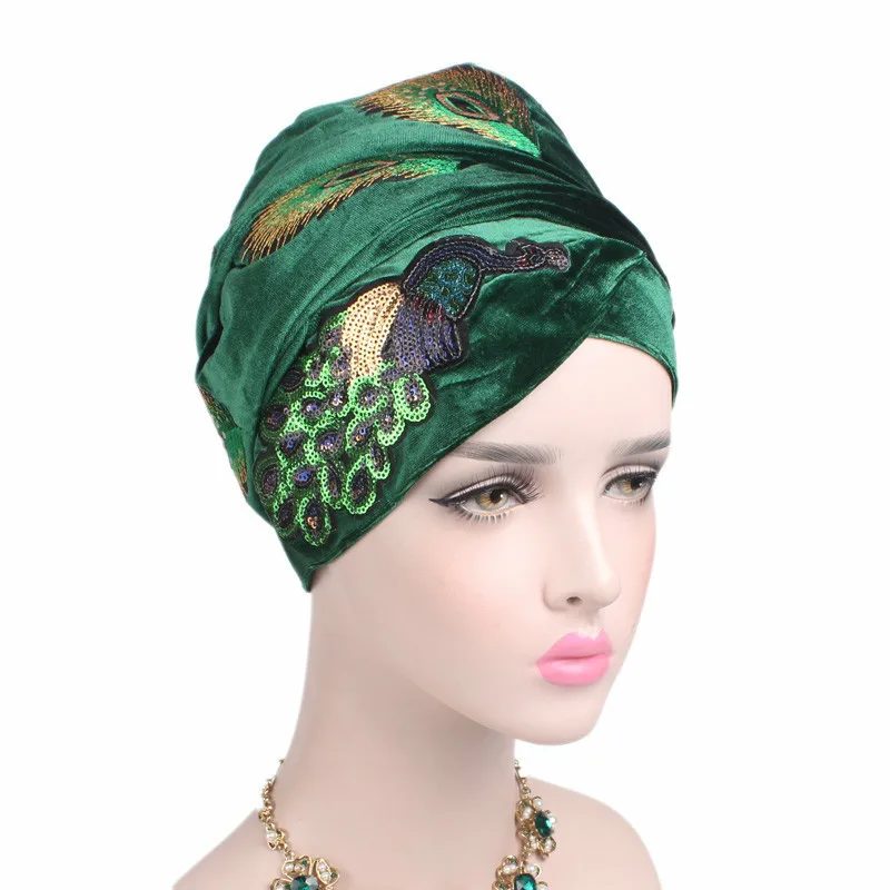 Velvet Hijab Head Scarf for Women Sequins Peacock Turban Hat Muslim ...